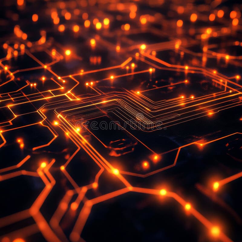 Glowing Circuit Board with Orange Lights Representing Data Flow and ...
