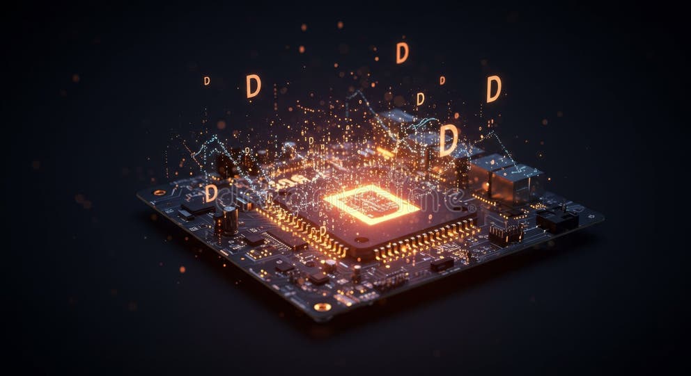 Glowing Circuit Board with Orange Processor and Data Particles Stock ...
