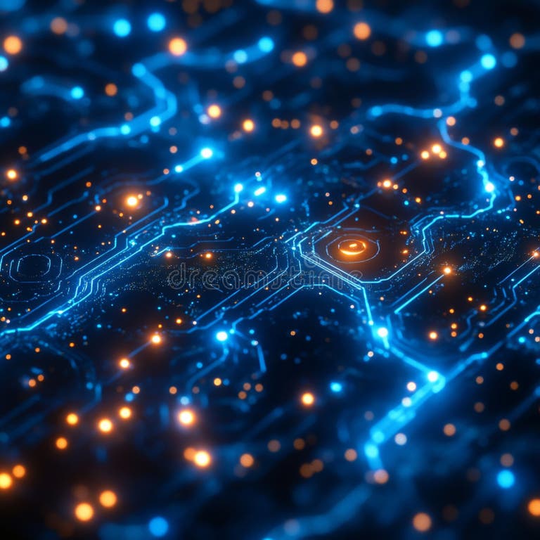 Glowing Circuit Board Pattern with Blue and Orange Lights in High-tech ...