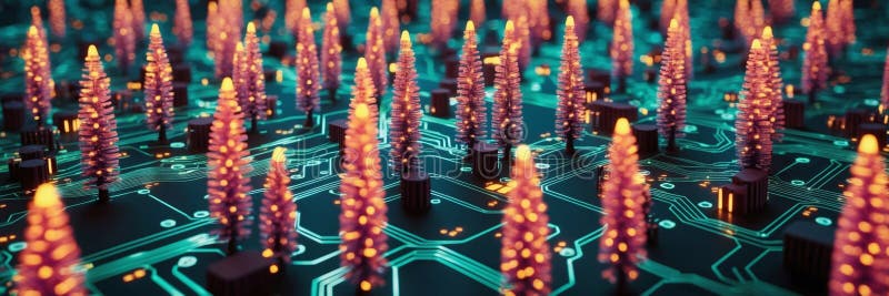 Glowing Circuit Board Patterns Forming a High-tech Digital Forest Stock ...
