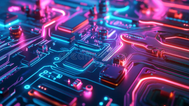 Glowing Circuit Board with Pink and Blue Neon Lights Stock Illustration ...