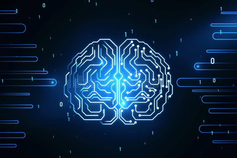 Glowing Circuit Human Brain Hologram on Blurry Background with Coding. Artificial Intelligence ...