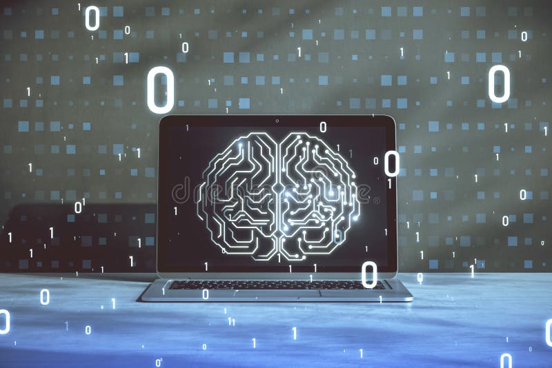 Glowing Circuit Human Brain Hologram on Blurry Background with Computer and Coding. Artificial ...