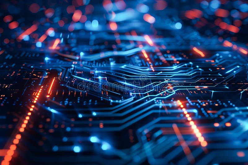 Glowing Circuit Paths on a Blue Computer Motherboard Capturing the ...