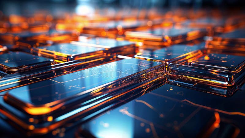 Glowing Circuitry: a Close-Up of Illuminated Blue and Orange Tech Paths ...