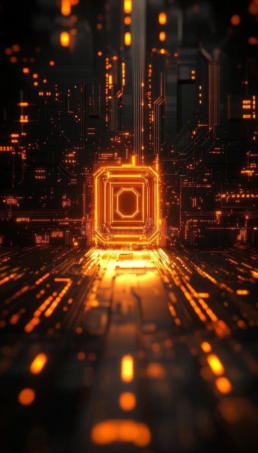 Glowing Circuitry Intricate Network with Luminous Core on Dark ...