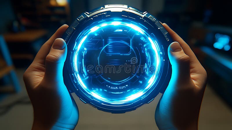 A Glowing Circular Device is Being Held in Both Hands Stock ...