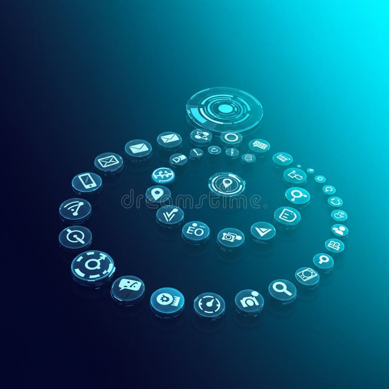 Glowing Circular Interface Icons are Arranged in a Spiral Pattern ...