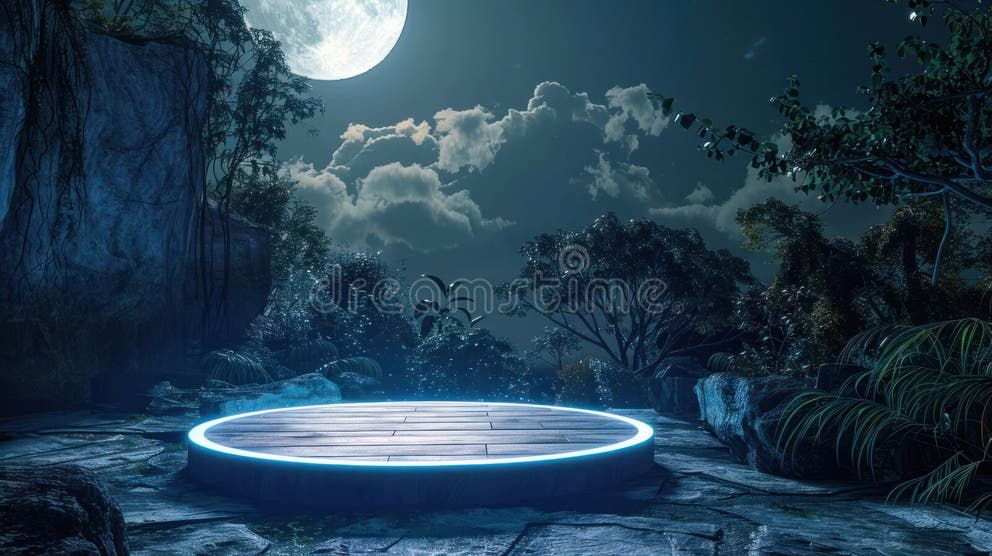 Glowing Circular Platform in Moonlit Forest Clearing Stock Illustration ...