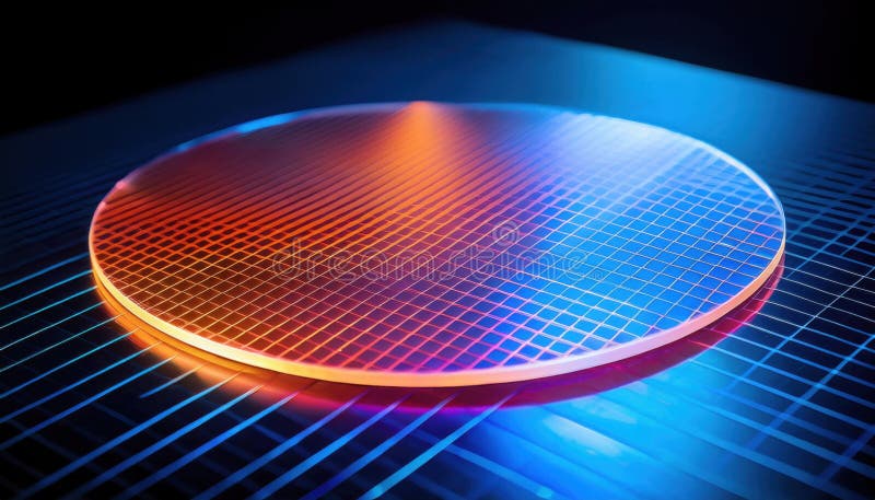 Glowing Circular Silicon Wafer on a Grid-patterned Table, Emitting ...