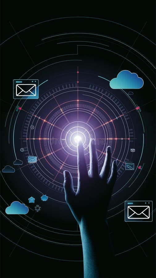 Glowing Circular Structure Surrounded by Tech Icons, Hand Reaching ...