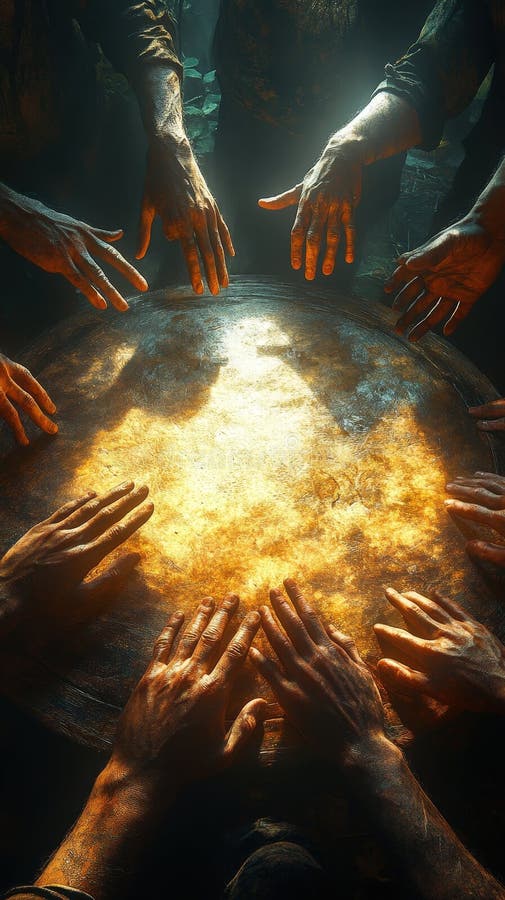 Hands Reaching Out on a Glowing Circular Table Stock Image - Image of ...