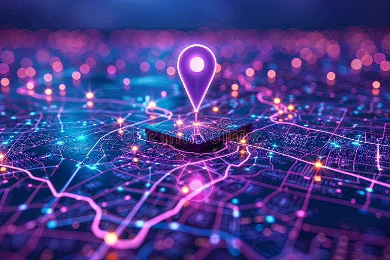 Glowing City Map with a Purple Pin Indicating the Location Stock ...