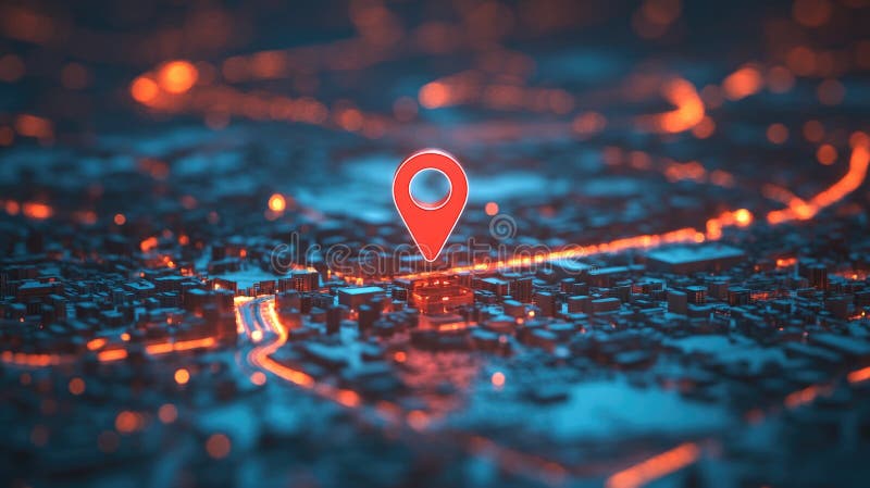 Glowing City with Red Map Marker Highlighting Location at Night Stock ...