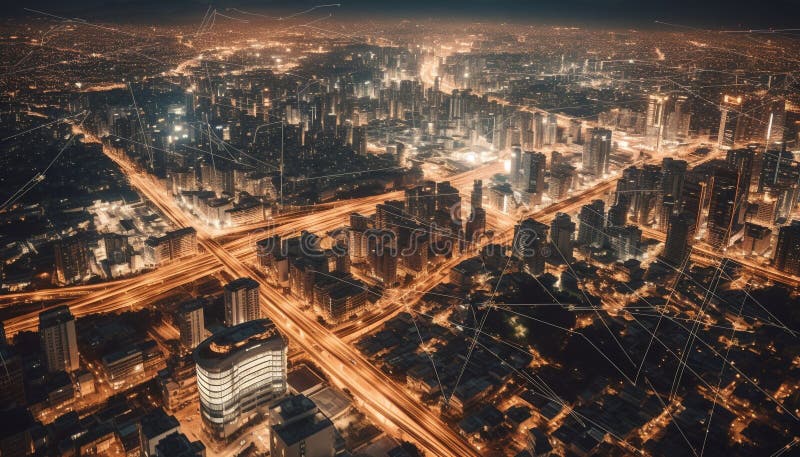 Glowing City Street, Modern Architecture, Crowded Nightlife Generated ...