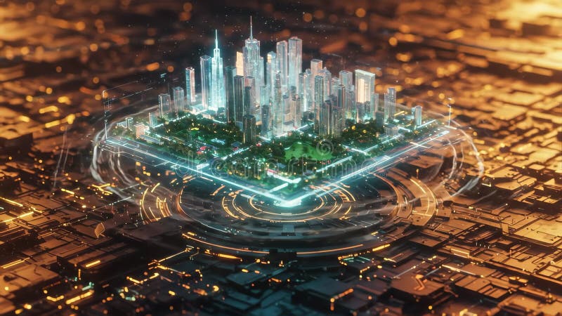 Glowing Cityscape on Digital Grid Network with Futuristic High Tech ...