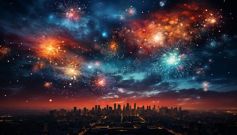 Glowing Cityscape Ignites Vibrant Celebration, Exploding with Fireworks ...