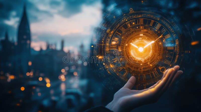 A Glowing Clock Floating in Hand Against a City Skyline at Dusk ...