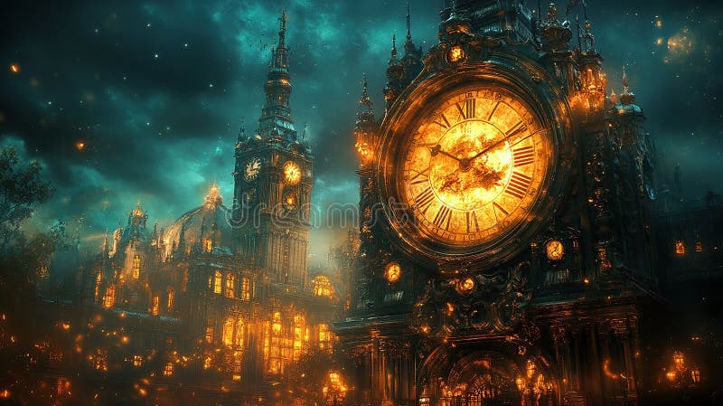Glowing Clock Tower, City Night, Fantasy Scene, Game Design Stock ...