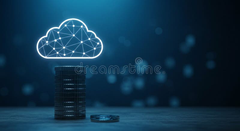 Glowing Cloud Above Stack of Coins on a Dark Blue Gradient Background ...