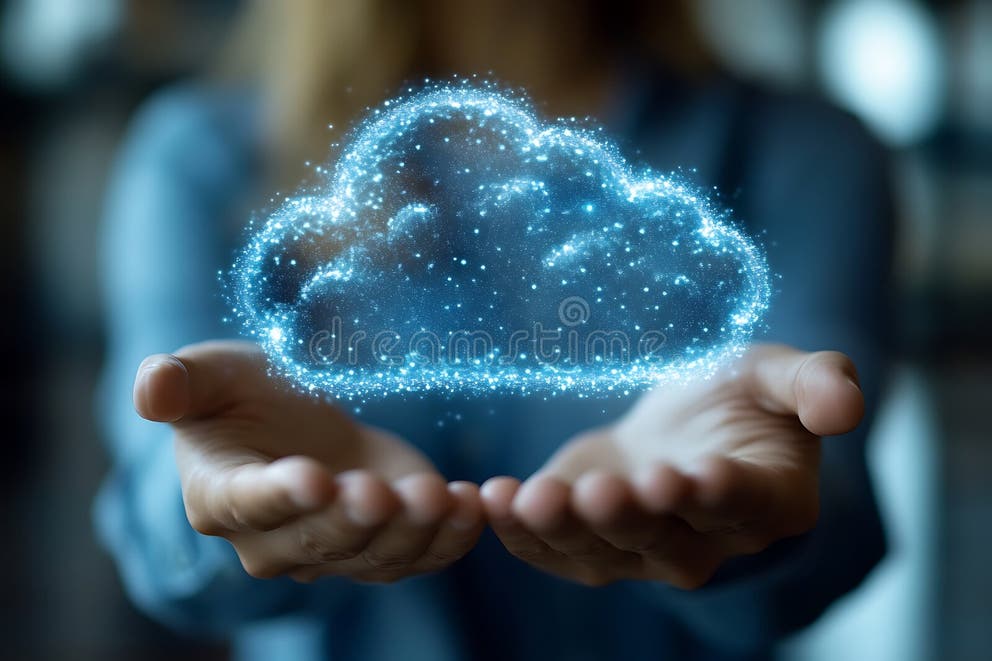 Glowing Cloud Computing Concept Hands Holding Digital Data Network Stock Illustration ...