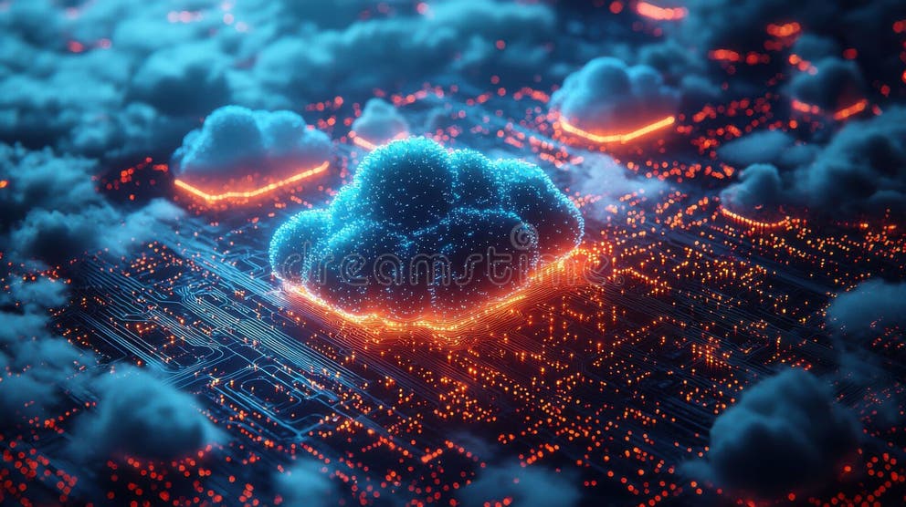 Glowing Cloud Computing Concept with Vibrant Blue and Orange Lights ...