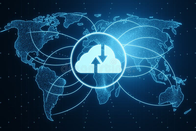 Glowing Cloud Computing Map Hologram on Background. Digital Database ...