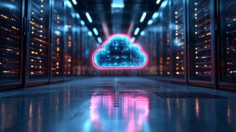 Glowing Cloud Icon in a Data Center - Generative Ai Stock Illustration ...