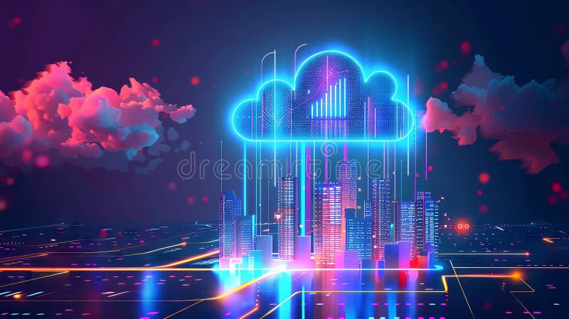 A Glowing Cloud Icon Hovers Over a Futuristic City Skyline, Representing the Concept of Cloud ...