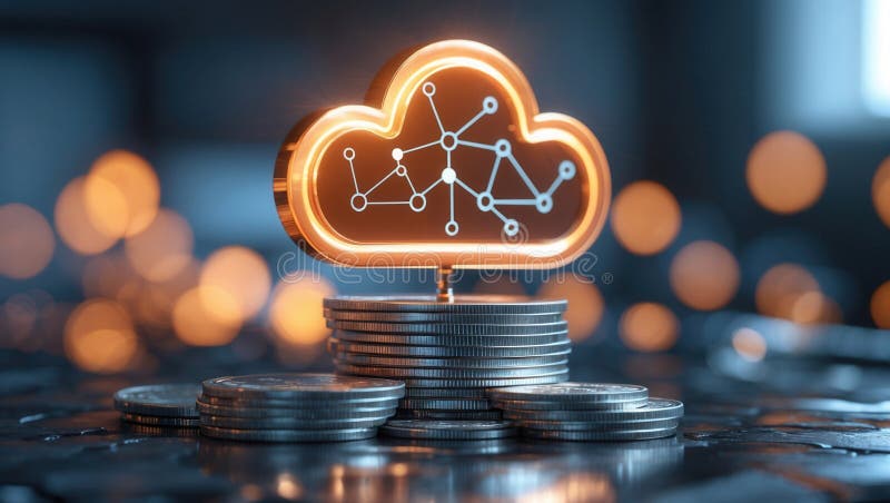 Glowing Cloud Icon with Network Connections on Stacked Coins ...
