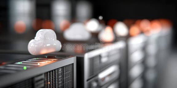 Generative AI Glowing Cloud Icon on Server Rack Representing Data ...