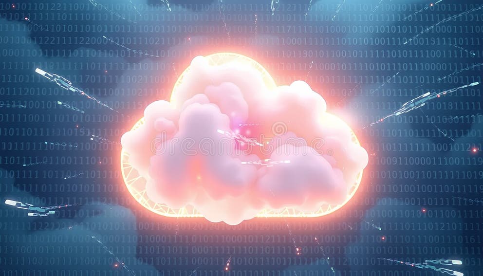 Glowing Cloud-shaped Server Floating in a Digital Sky, Surrounded by Flowing Binary Code ...