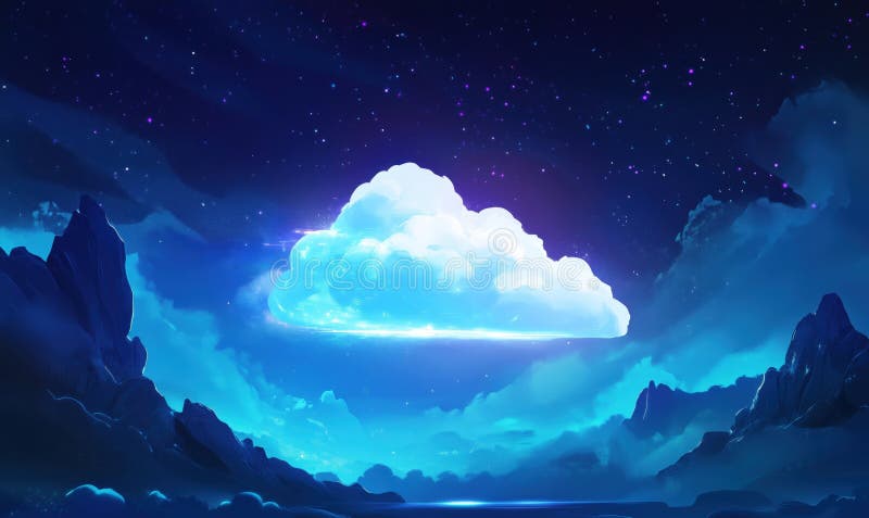 Glowing Cloud in Starry Night Sky Over Serene Landscape with Mountains and Water Stock Image ...