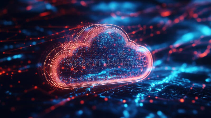 A Glowing Cloud Symbol is Centered among Dynamic, Colorful Data Streams ...