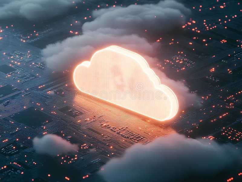 A Glowing Cloud Symbol Rendered on a Digital Electronic Motherboard Stock Illustration ...