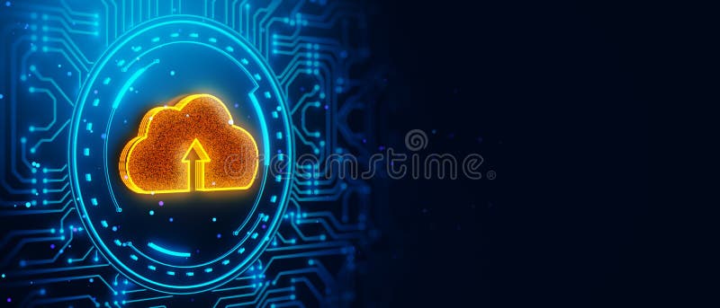 Glowing Cloud Upload Icon on Digital Circuit Background. 3D Rendering ...