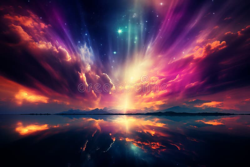 Glowing Clouds in the Night Starry Sky with Reflection in Calm Water ...