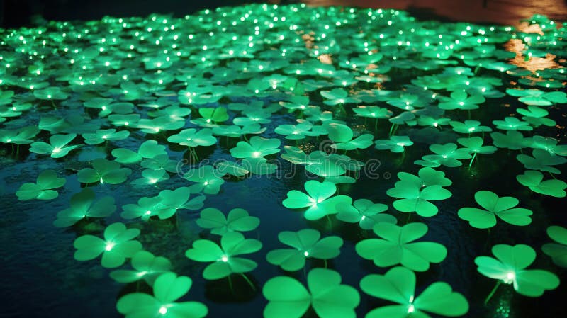 Glowing Clover Floats on Dark Water, City Night Stock Photo - Image of ...