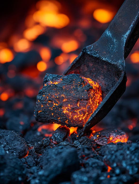 Glowing Coal Being Held by a Metal Tool in a Forge. Stock Image - Image ...