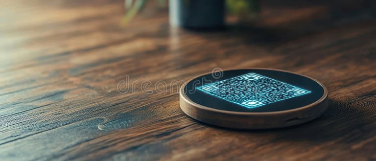Glowing Code Displayed on Round Device Placed upon Wooden Surface ...