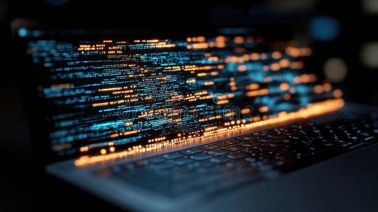 Glowing Code on Laptop stock illustration. Illustration of innovation ...