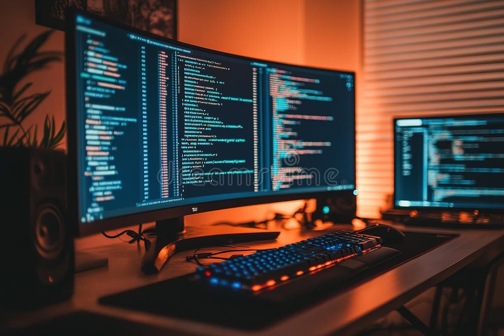 Digital Matrix: Abstract Code Rain on Computer Screen, Glowing Multicolored Monitors Displaying ...