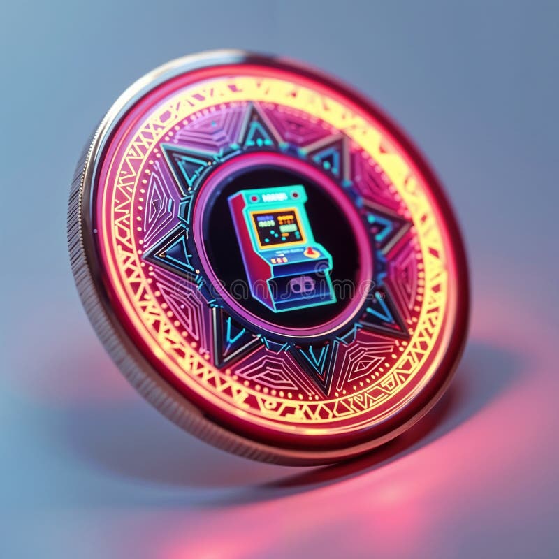 Futuristic Coin with Retro Arcade Machine and Neon Starburst Design ...