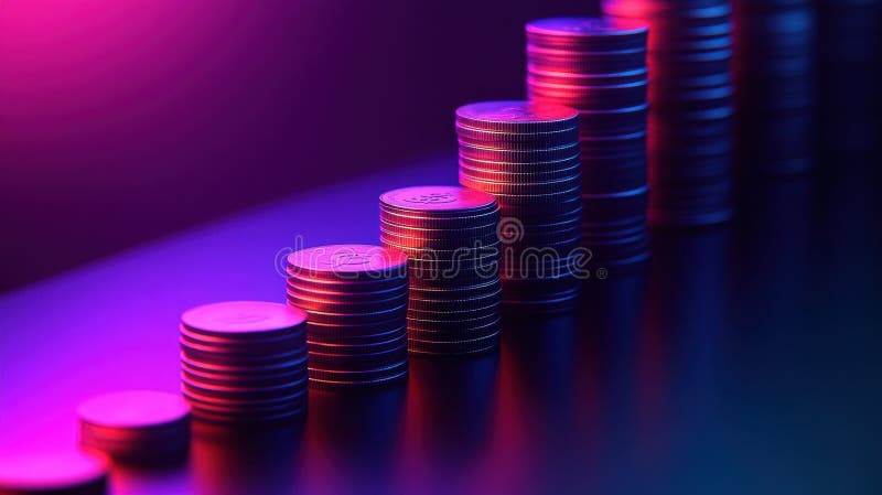 Glowing Coin Stacks in Increasing Height on Dark Surface Stock ...