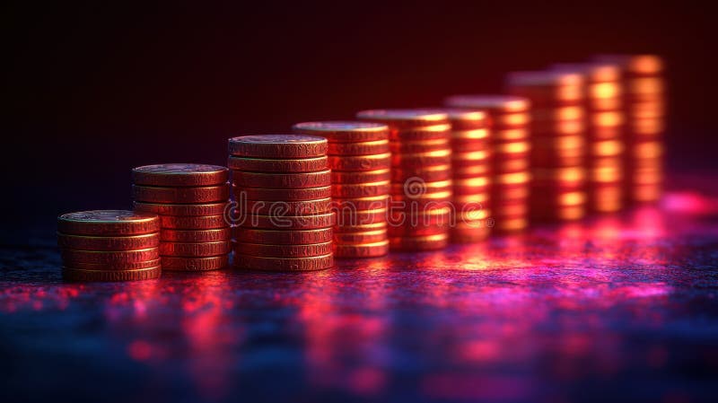 Glowing Coin Stacks in Increasing Height on Dark Surface Stock ...
