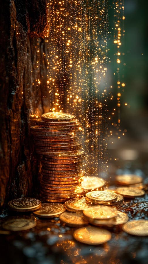 Glowing Coins in Magical Light Cascade Stock Image - Image of treasure ...