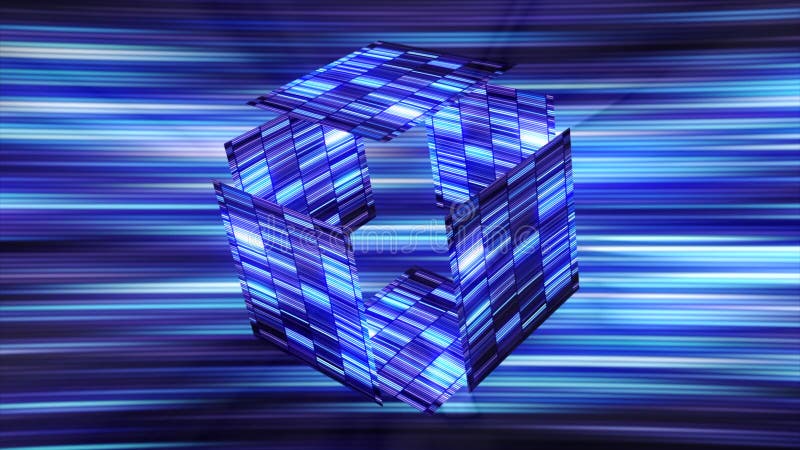 Glowing Colored Cube in Cyberspace. Motion. Futuristic Striped Cube is ...