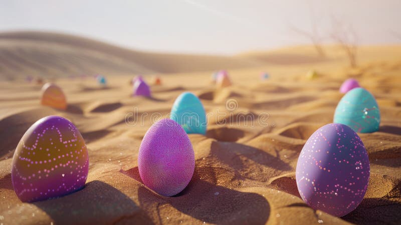 Glowing Colored Easter Eggs on the Surface of the Earth in the Desert ...