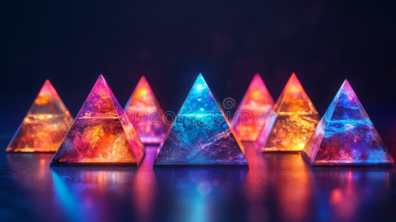 Glowing Colorful Crystal Pyramids on Dark Reflective Surface Stock ...