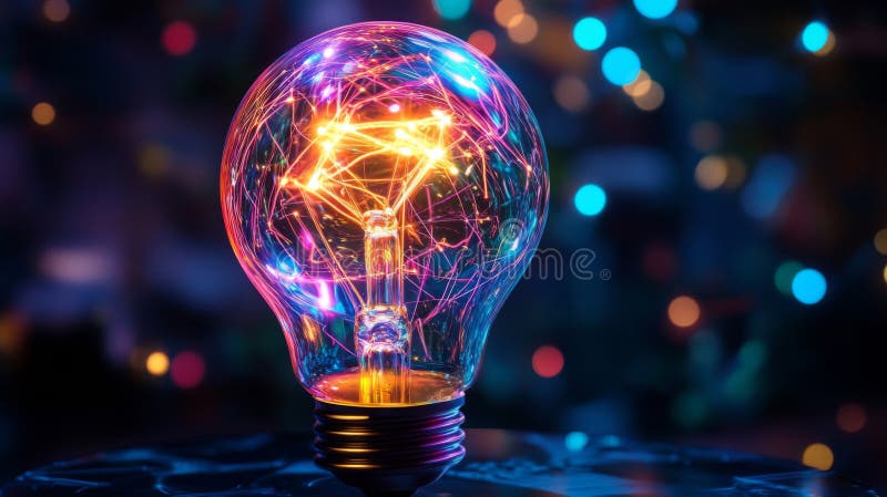 Glowing Colorful Lightbulb with Network Connections Abstract Background ...